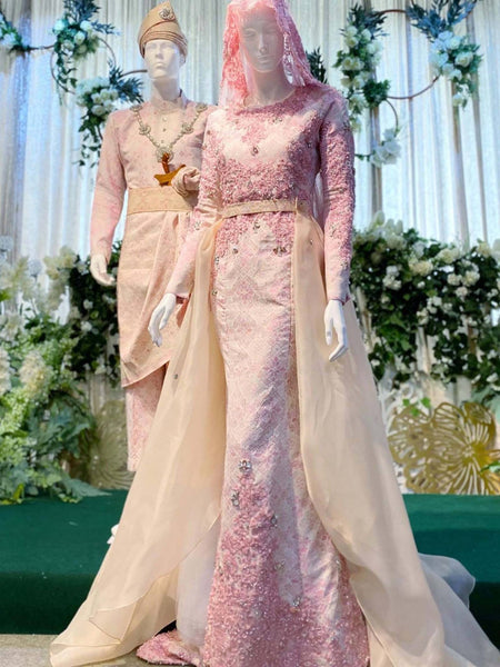 ROSSIE - Baju Sanding Songket Baby Pink & Cream Trumpet Dress with ...