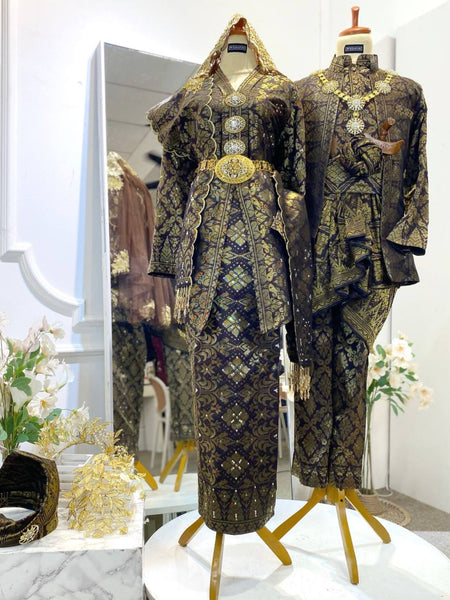 DANG SURIA - Dark Coco Brown Songket Kebaya Moden Wedding Dress with ...