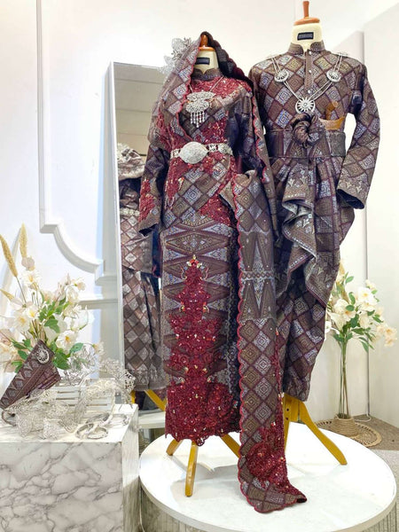 DELIMA - Dark Maroon Songket 2-Piece Wedding Dress with Kelubong Sari ...