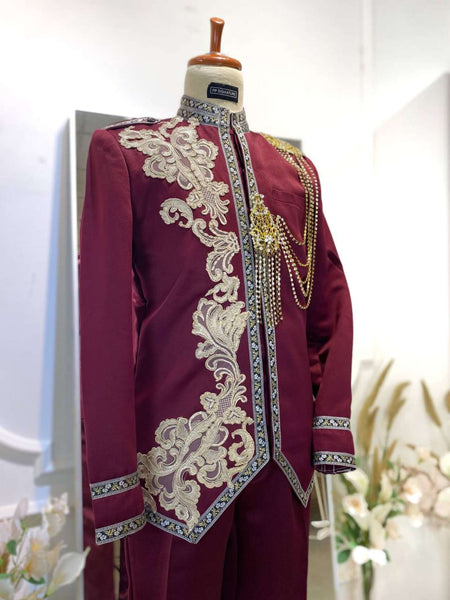 Prince Suit Maroon with Light Brown Lace I - Baju Pengantin Lelaki | PP ...