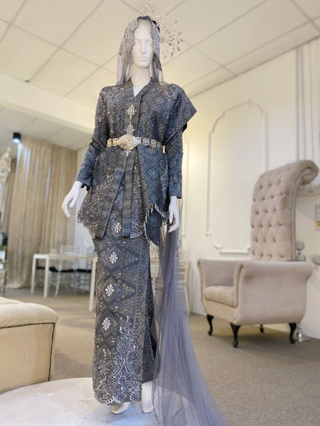 MANIKAM- Baju Pengantin Kebaya Silver and Dark Grey Songket with Beaded ...